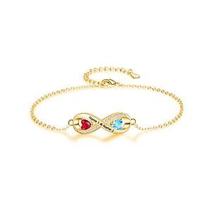 CTIEIP 10K/14K/18K Gold 0.07 Cttw Natural Diamond Personalized Infinity Name Bracelet for Women with 2 Birthstone Custom Engraved 2 Names Gift for Her
