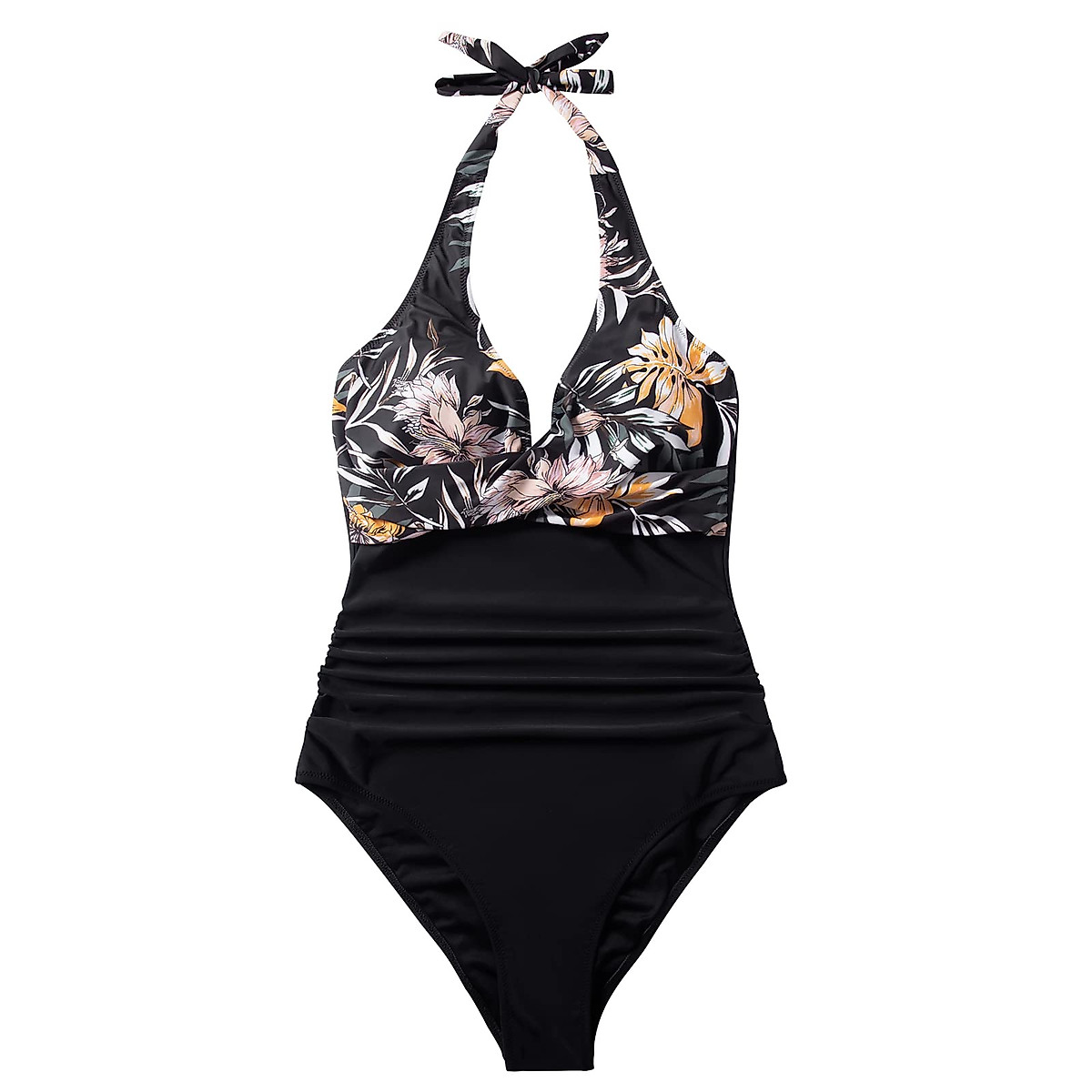 SUUKSESS Women Sexy Tummy Control One Piece Swimsuits Halter Push Up Monokini Bathing Suits (Retro Floral Black, XL)