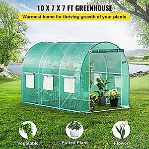 VEVOR Walk-in Tunnel Greenhouse, 10 x 7 x 7 ft Portable Plant Hot House w/ Zippered Door, 6 Roll-up Windows, Galvanized Steel Hoops, 1 Top Beam, and 2 Diagonal Poles, Green