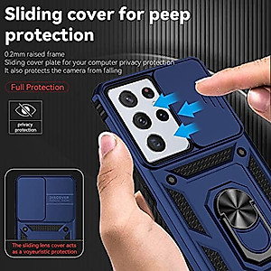 for Samsung Galaxy S21 Ultra Case with Camera Lens Cover HD Screen Protector,Military-Grade Drop Tested Magnetic Ring Holder Kickstand Protective Phone Case for Samsung Galaxy S21 Ultra 5G (Navy Blue)