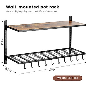 HOYRR Pot Rack Wall Mounted,Pot Hanger,Wall Rack for Pots and Pans,Adjustable Wall Mount Pot Rack,Wall Pot Rack is a Combination of Wood and Iron,Measures 28.7 x 10 x 16 Inches.(With 12 S-hooks)