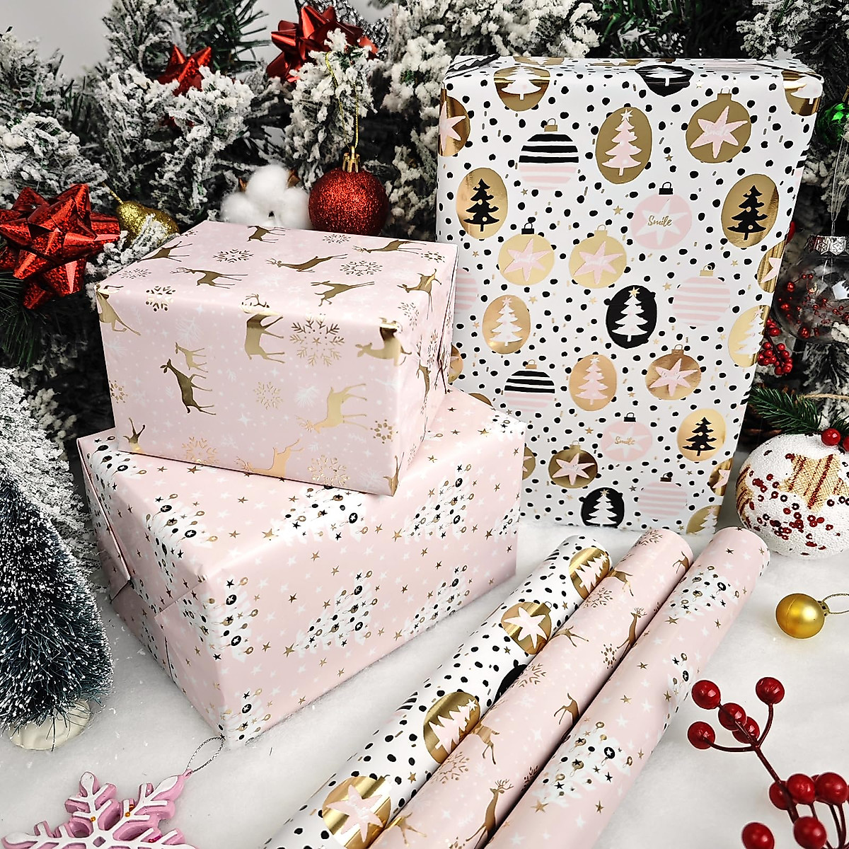 LDGOOAEL Mini Short Small Christmas Wrapping Paper Roll with Cut Lines on Reverse (17" X 120" Per Roll) - Pink Gift Wrap with Christmas Deer&Tree Design for Holiday, Birthday, Wedding, Baby Shower