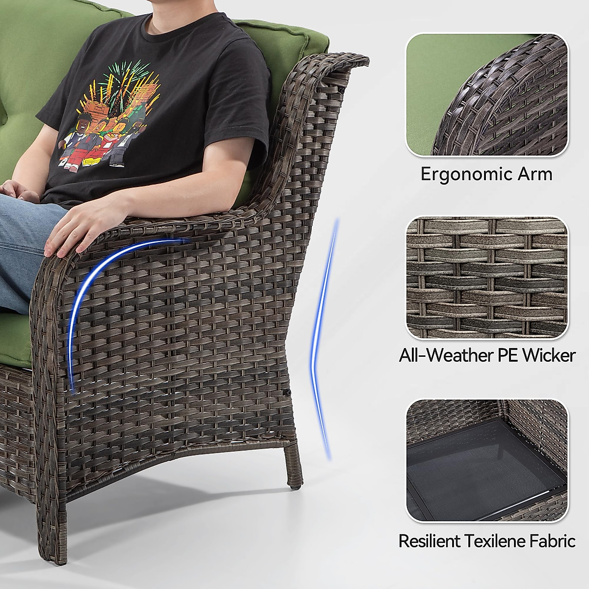 MeetLeisure Outdoor Patio Couch Wicker Sofa - 3 Seater Rattan Sofa for Outside Patio Garden with Deep Seating and Olefin Cushions(Mixed Grey/Green)