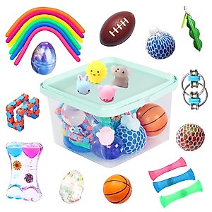 KINGYAO 24 Pack Bundle Sensory Fidget Toys Set-Liquid Motion Timer/Grape Ball/Mochi Squishy/Stretchy String/Flippy Chain/Easter Egg/Marble Mesh/Squeeze Bean/Cube for Autistic Kids ADHD Anti-stress Toy