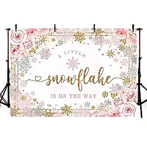 AIBIIN 7x5ft Winter Baby Shower Backdrop for Girls A Little Snowflake is on The Way Baby Shower Photography Background Pink Floral Gold Snowflake Baby Shower Party Decorations Supplies Banner