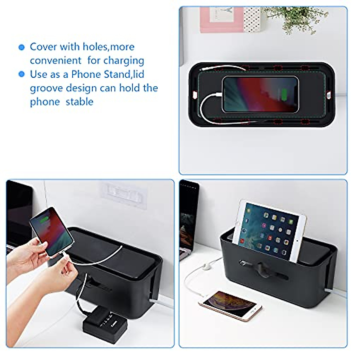 Cable Management Box,Cord Box to Hide Power Strips,Cord Organizer Hider to Conceal The Electrical Wires from TV Computer Under Desk and on Floor for Home Office,Black