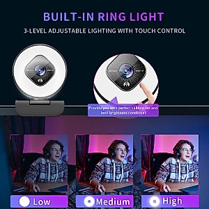 1080P Webcam with Ring Light and Dual Microphone, Advanced Auto-Focus, Adjustable Brightness, 2021 JETAKU Streaming Web Camera for Zoom Skype YouTube, PC Mac Laptop Desktop (Black)