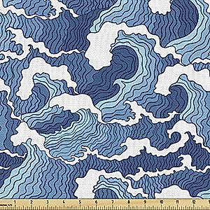 Lunarable Japanese Wave Fabric by The Yard, Stormy Sea with Abstract Chinese Folk Art Influences, Decorative Fabric for Upholstery and Home Accents, 5 Yards Pale Blue