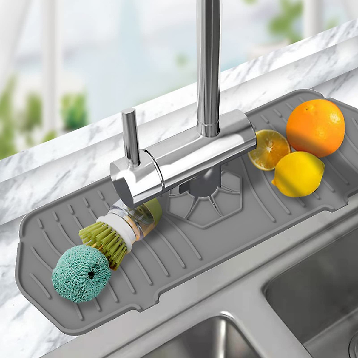 AMLETBH Silicone Sink Faucet Pad, Drip Protector Splash Countertop Protection, Kitchen Faucet Sink Splash Guard, Bathroom Faucet Water Catcher Mat, Sink Draining Pad Behind Faucet (L, Grey), Gray