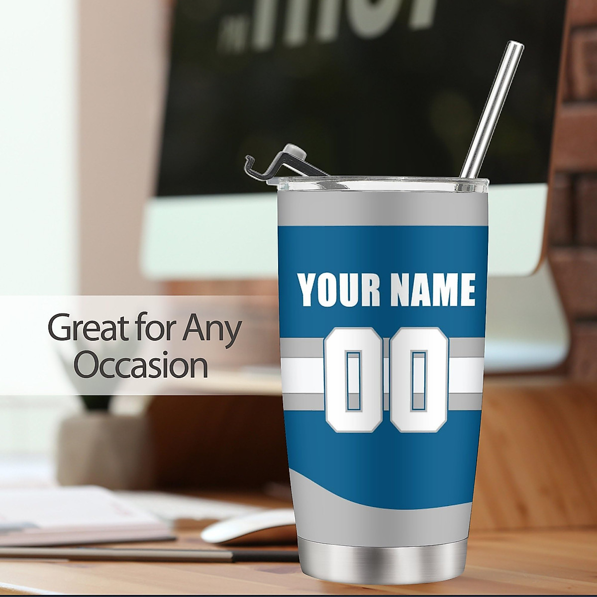 Custom Detroit Tumbler 20oz Stainless Steel with Lid & Straw Personalized Football Fans Gifts for Women Men Coffee Travel Insulated Mug Cup Add Name Number