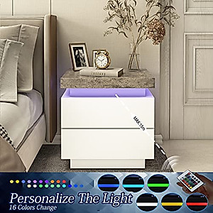 LED Nightstand with Charging Station - Solid Wood LED Bedside Tables End Side Table with 2 USB Ports and 2 AC Outlets - Easy Assembly Modern Night Stands for Bedroom with 2 Sliding Drawers - White