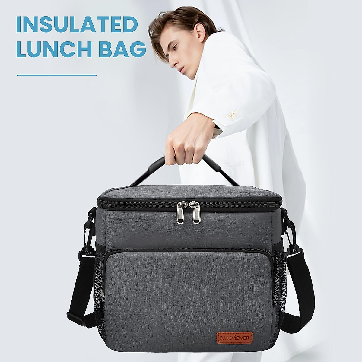 BAGSVIEWER Large Insulated Lunch Box for Men & Women, Reusable Lunch Bag for Work Office Picnic, Leakproof Cooler Bag with Adjustable Shoulder Strap (Grey, 12L)