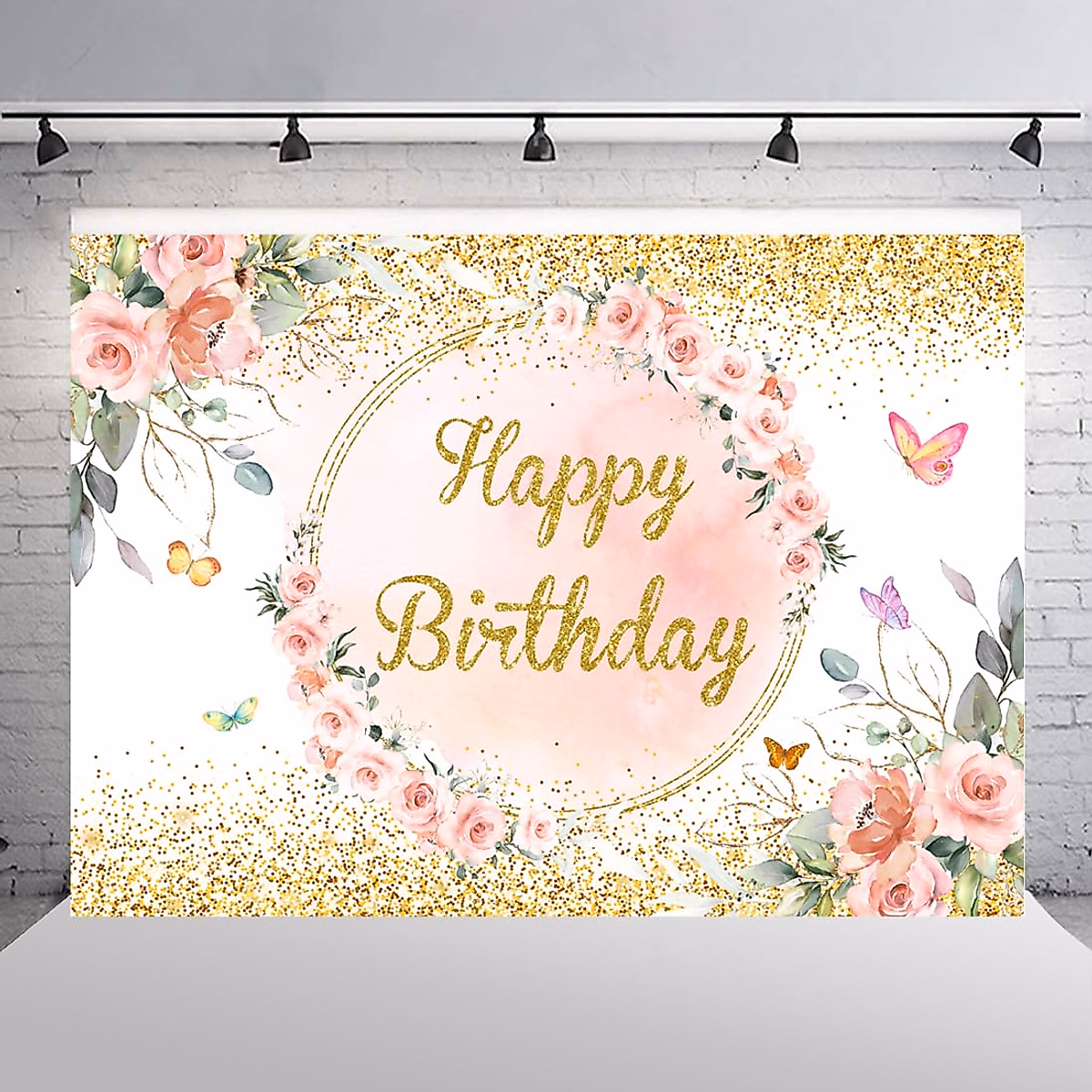 Wollmix Butterfly Happy Birthday Banner Backdrop Decorations 7x5ft Party Sweet 16 Girls Women Pink Florals Glitter Gold Dots Photography Background Supplies Photo Booth Studio Cake Table