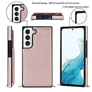 DEFBSC Compatible with Samsung Galaxy S22 Case, Crossbody Wallet Case, Adjustable Detachable Lanyard Neck Strap with Kickstand Leather Card Holder Protective Cover-Rose Gold