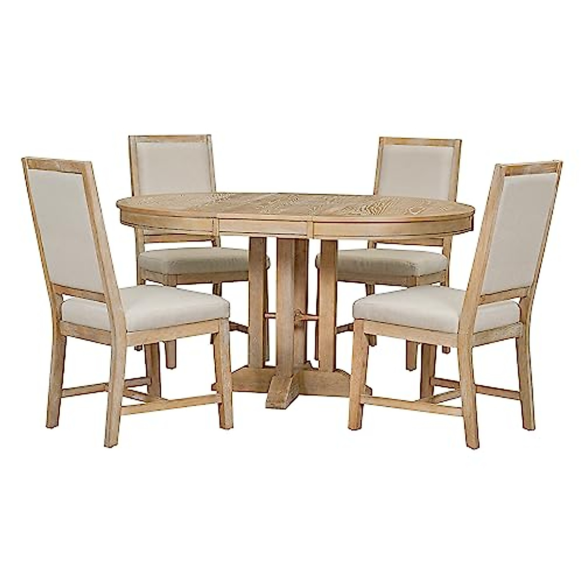 KoiHome 5 Piece, 42"-58" Farmhouse Round Extendable 16" Leaf and 4 Upholstered Chairs, Set of 5, Family Dining Table Set for Restaurant, Kitchen (Natural Wood Wash)
