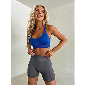 OQQ Women's 3 Piece Workout Seamless High Waist Butt Liftings Exercise Athletic Shorts, Black Grey Blue, Medium