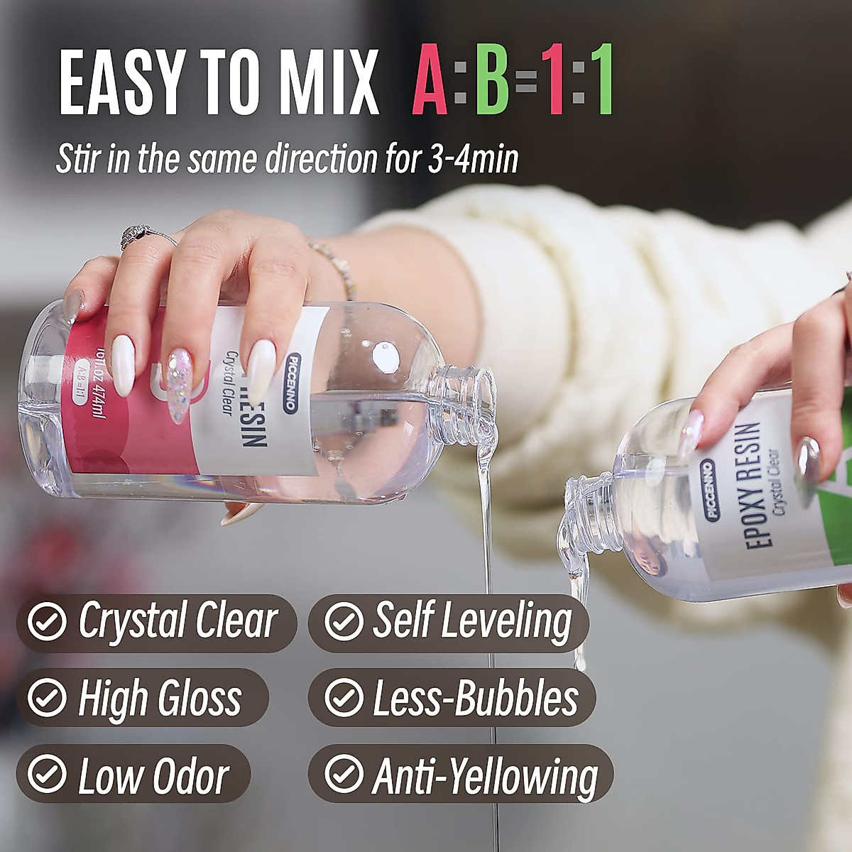 32OZ Epoxy Resin Kit, Crystal Clear Epoxy Resin Including 16OZ Resin and 16OZ Hardener, Bubbles Free Table Top Casting Resin for DIY Art, Jewelry, Crafts, Coating