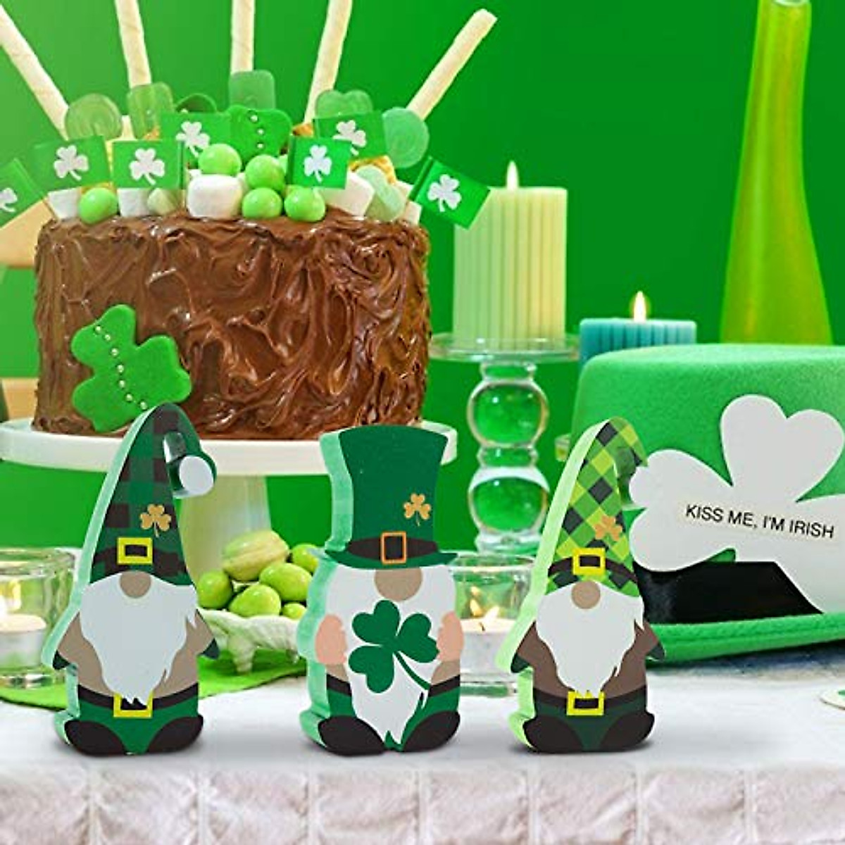 St. Patrick's Day Decorations Gnomes Table Sign - 3pcs Wooden Scandinavian Tomte Shamrock Clover Lucky Table Centerpiece, Green Home Office Irish Themed Party Decor