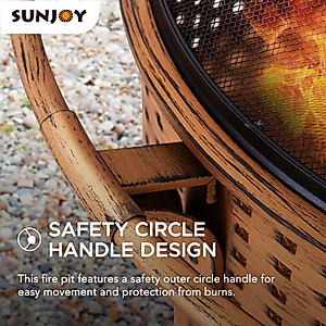 Sunjoy Fire Pit 30 in. Outdoor Wood-Burning Fire Pit, Patio Woven Round Steel Firepit Large Fire Pits for Outside with Spark Screen and Poker