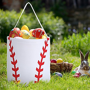 E-FirstFeeling Baseball Basket Easter Baskets Canvas Easter Eggs Hunt Baskets Halloween Basket Trick or Treat Basket Candy Bucket Tote for Halloween Easter (Baseball)