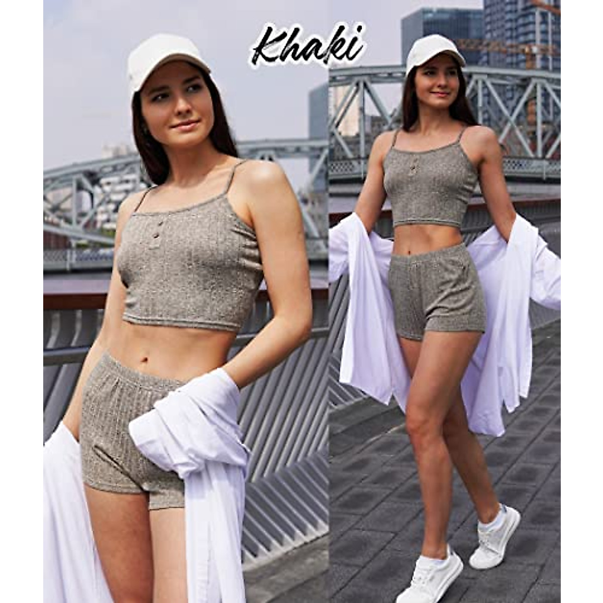 Ekouaer Sexy Loungewear Set for Womens Rib-Knit Outfits Camisole Top with Shorts Lounge Pj Set Khaki Black Plain Blue,Medium