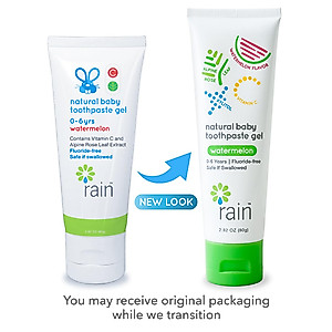 Rain Natural Baby Fluoride Free Kids Toothpaste Gel - Safe to Swallow Infant Toddler Tooth Paste, 2.8 Oz, Babies Training, Ages 6 to 12 months and Up Vitamin C Watermelon Toothpaste for Kids 0-6 years