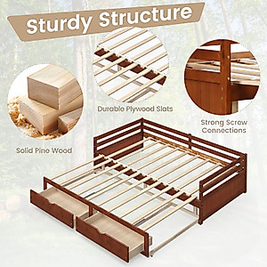KOMFOTT Wood Daybed with Trundle, Extendable Twin to King Daybed Frame with 2 Storage Drawers, Space Saving Dual-use Sofa Daybed for Bedroom, Guest Room, No Box Spring Required (Walnut)