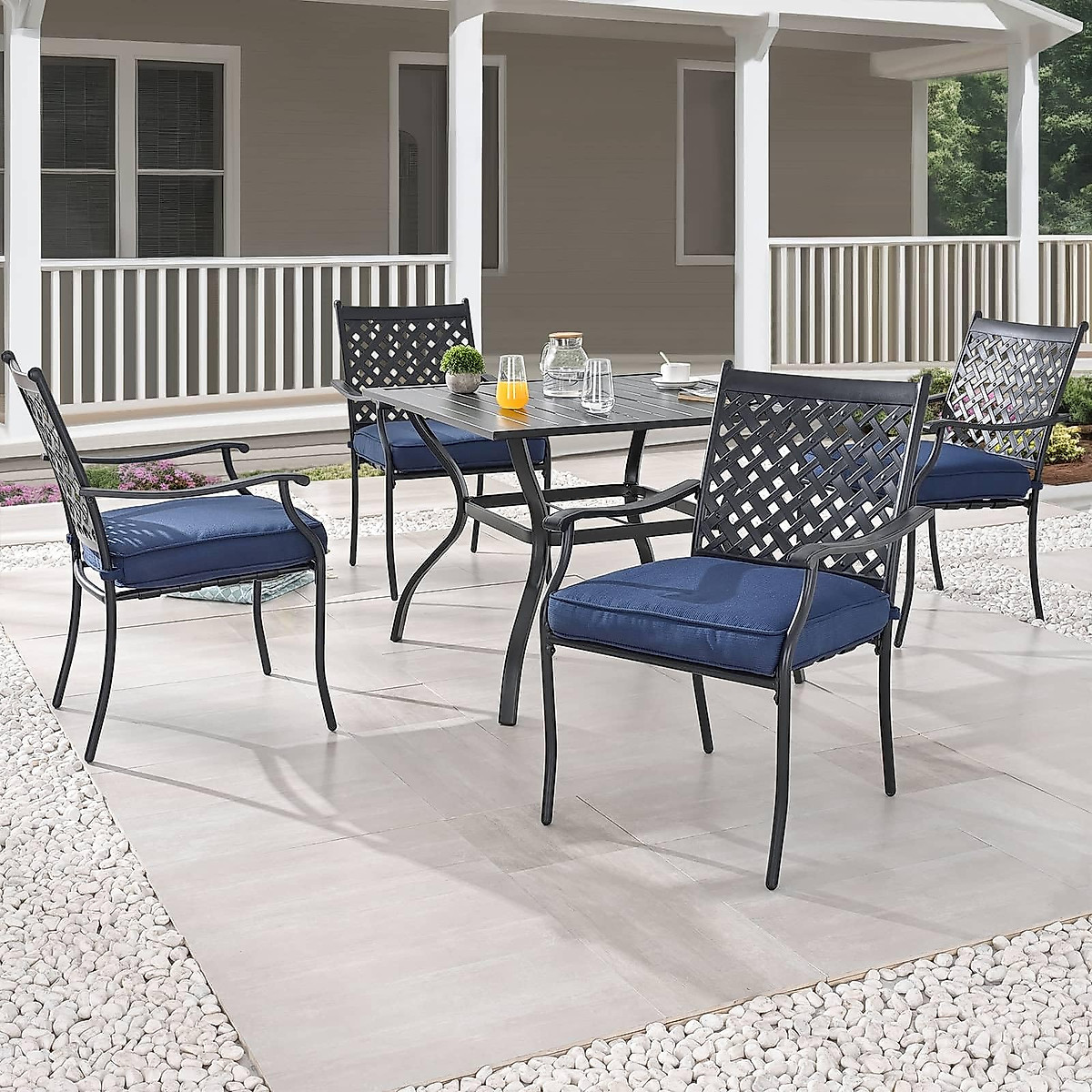 PatioFestival Patio Dining Set 5Pcs Heavy Duty Metal Outdoor Furniture Sets Square Table with 4 Stackable Chairs Blue Cushion