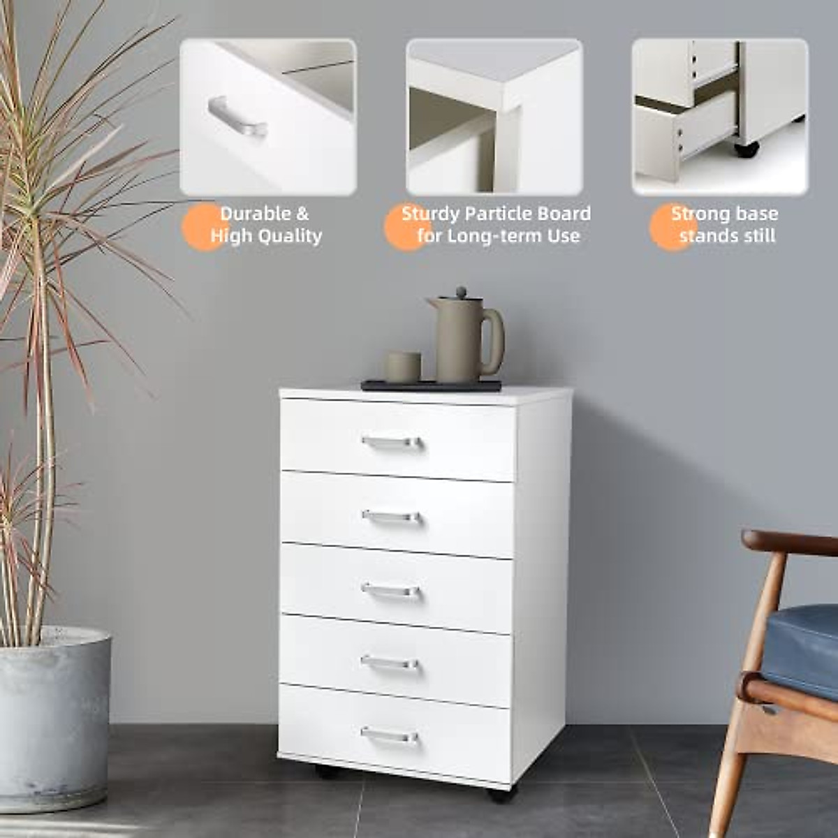 TUSY 5 Drawer Cabinet, Mobile Office Drawers Cabinet Under Desk for Home Office, Living Room, White