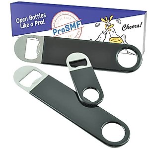 ProSMF Flat Bottle Opener - Bottle Opener for Bartender - Beer Bottle Opener - Stainless Steel - Heavy Duty - Vinyl Rubber Coated Handle - Black - 3 Pack - 2 Large & 1 Mini