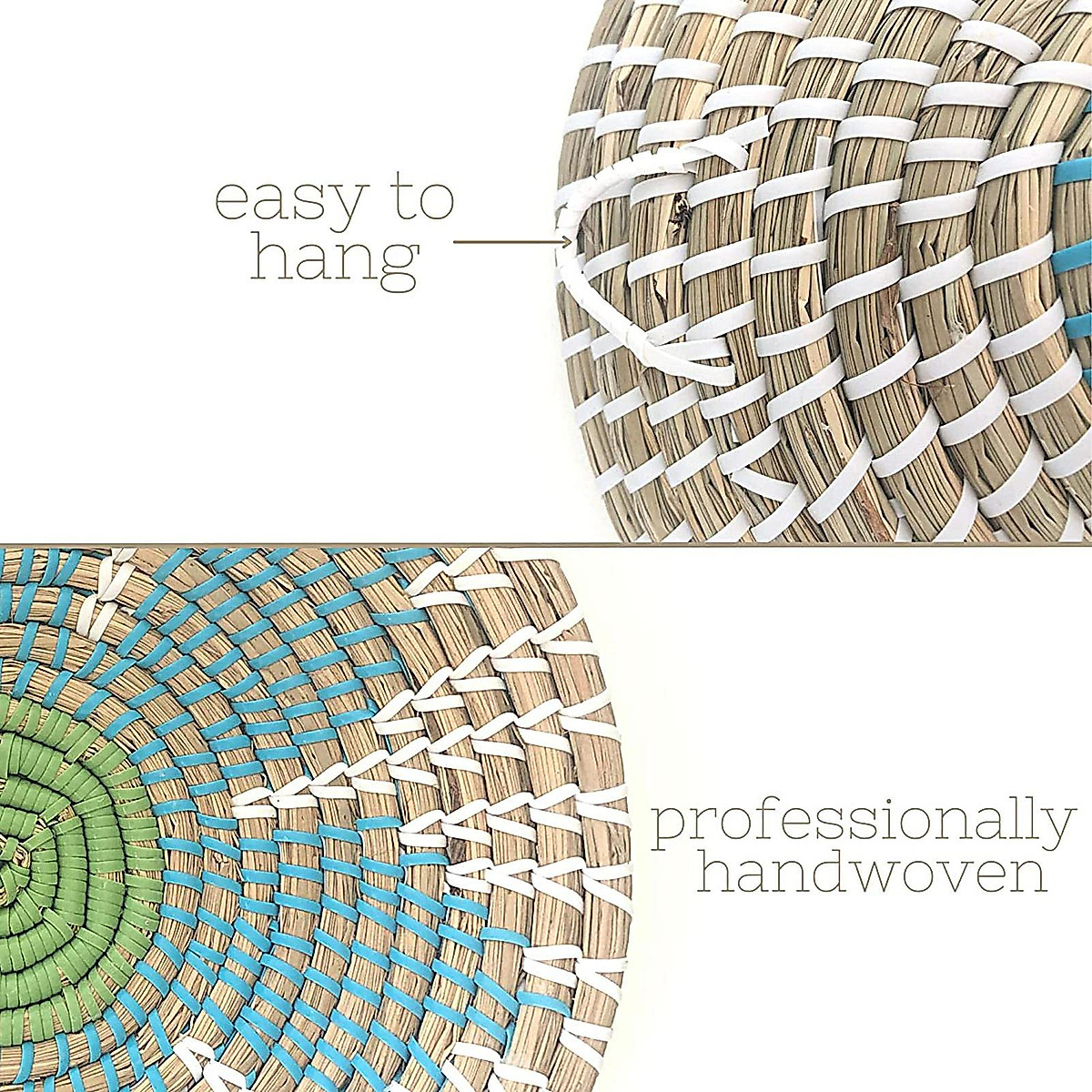 Round Seagrass Hanging Woven Wall Basket Decor 25-35cm | Handmade, Versatile & | Boho Basket Wall Decor Set of 3 - Addition to any Room | Woven Wall Baskets