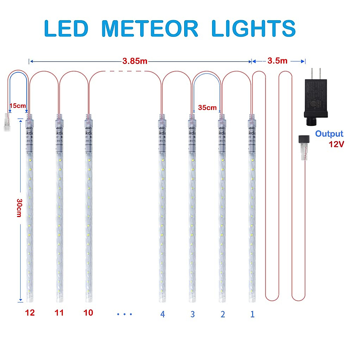 Vikdio Meteor Shower Rain Lights, 30cm 12 Spiral Tubes 360 LEDs 3.85m Lit Length Waterproof Snowfall LED Lights for Wedding Christmas Garden Tree Home Decor, Support 3 Sets Connected (White)