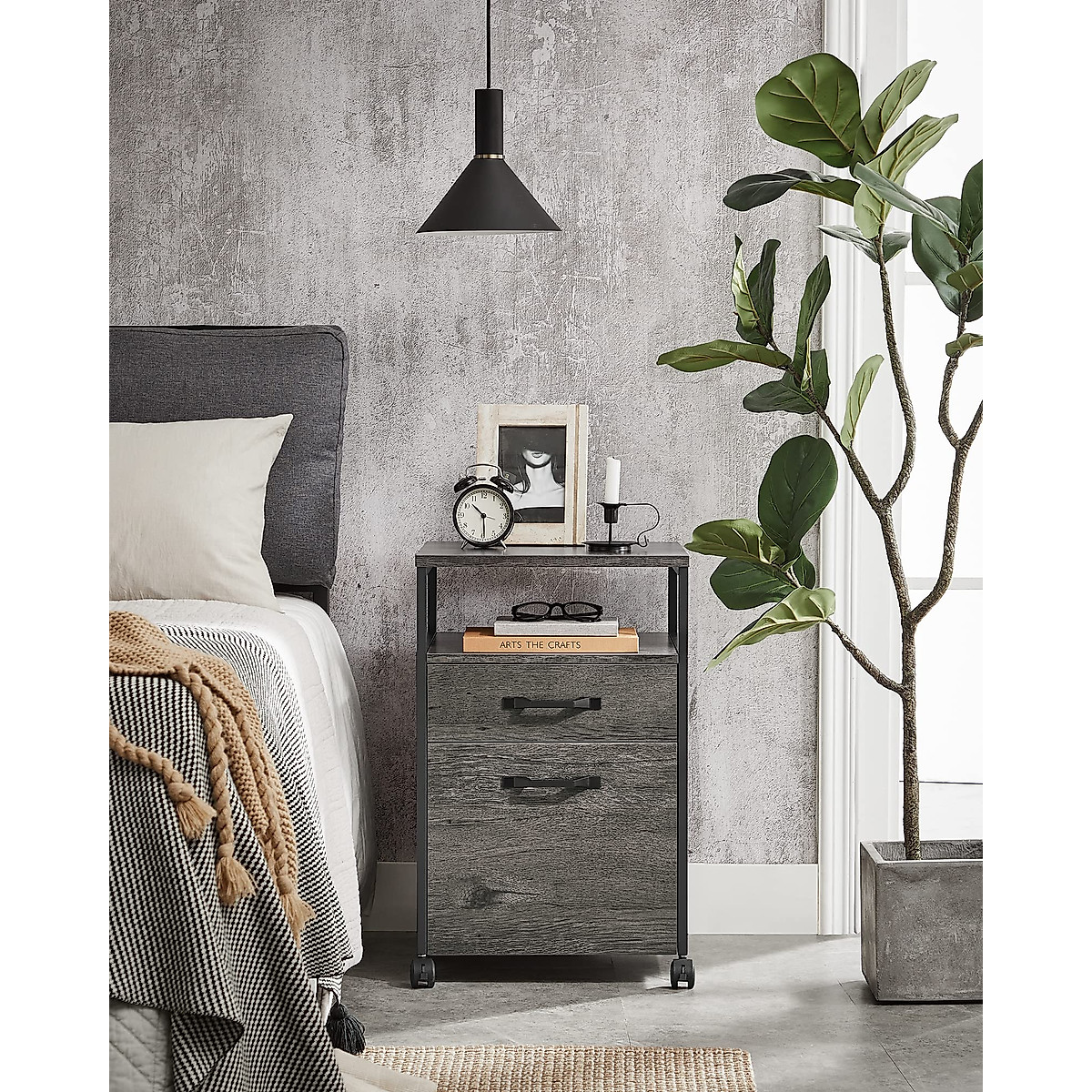 VASAGLE File Cabinet, Mobile Filing Cabinet with Wheels, 2 Drawers, Open Shelf, for A4, Letter Size, Hanging File Folders, Charcoal Gray and Ink Black UOFC071B04