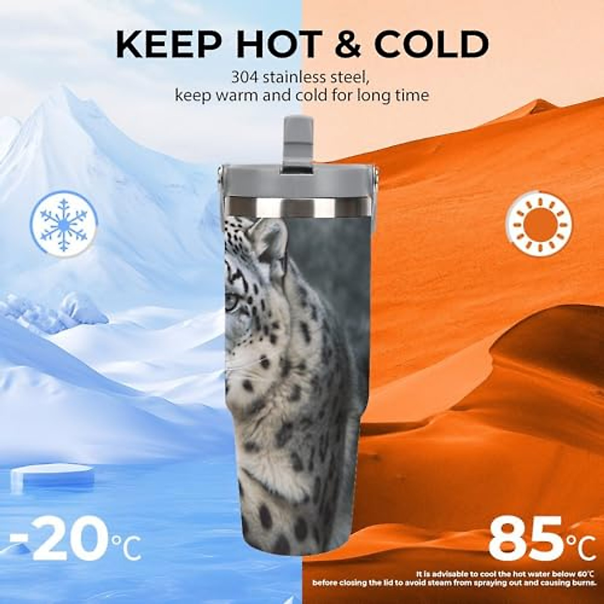 BWQJKUO Large Capacity Car Cup 30 Oz Stainless Steel Snow Leopard Printed Travel Mug Leak-proof Flip Straw Tumbler with Handle,keeps Cold Or Ho