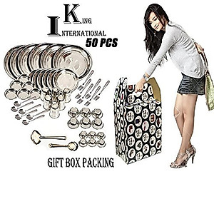 King International Stainless Steel Dinnerware set of 50 Pc, Plate set, Dishes, Metal Plates, Camping plates set, Dinner Set, Full Quarter Plate, Curry Dessert Bowl, Glass, Spoon, Fork, Serving Spoon