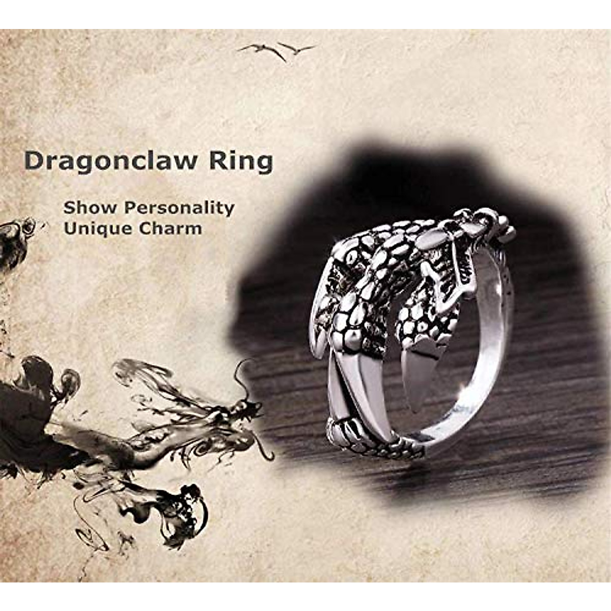 Dragon Claw Ring Silver Ouroboros Snake Serpent Cobra Game of Thrones GOT Medieval Steampunk Stainless Steel Leviathan Poseidon Coiled Dragon Sea Beach Mayan (Dragon Claw) (9)