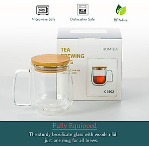 Teaovo 250ml/8.5oz Glass Coffee & Tea Cup Mug with Wooden Lid, Double Wall Borosilicate Glass Latte Espresso Mug with Insulated Handle, Dishwasher Safe, 2 Piece Set (C6502)