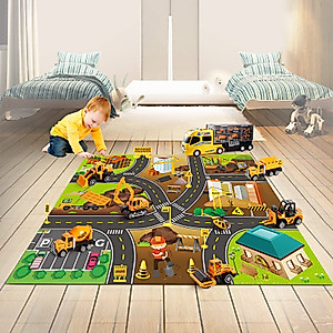 Construction Truck Toys Kids with Game Mat, Carrier Truck Alloy Engineering Vehicle Truck Toy Set, Excavator, Dump Tractor Helicopter Die cast Christmas Birthday Gifts for Kid Toddler Child Age 3 4 5