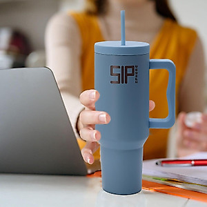 SIP SPHERE 40oz, Travel Mug, Insulated Thermal Mug, 2 Straw Tumbler, Reusable Coffee Mug, Drinking Glass, Tumbler Cup for Coffee, Tea, Whiskey, Juice (Baby Blue)