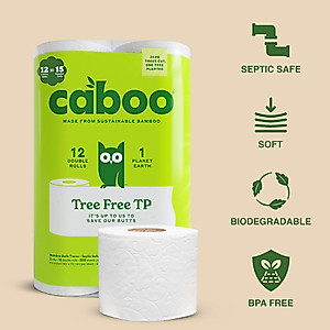 Caboo Tree Free Toilet Paper, Tree Free, Septic, Chemical Free Bath Tissue - 2 Ply Sheets, 300 Sheets Per Roll, 12 Double Rolls