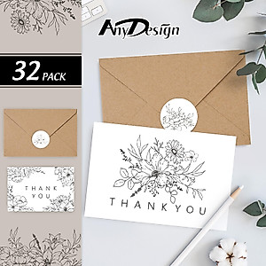 AnyDesign 32 Pack Floral Line Art Thank You Cards Black White Thank You Note Cards with Envelopes Stickers Minimalist Flower Blank Cards for Wedding Birthday Bridal Shower DIY Card Supplies