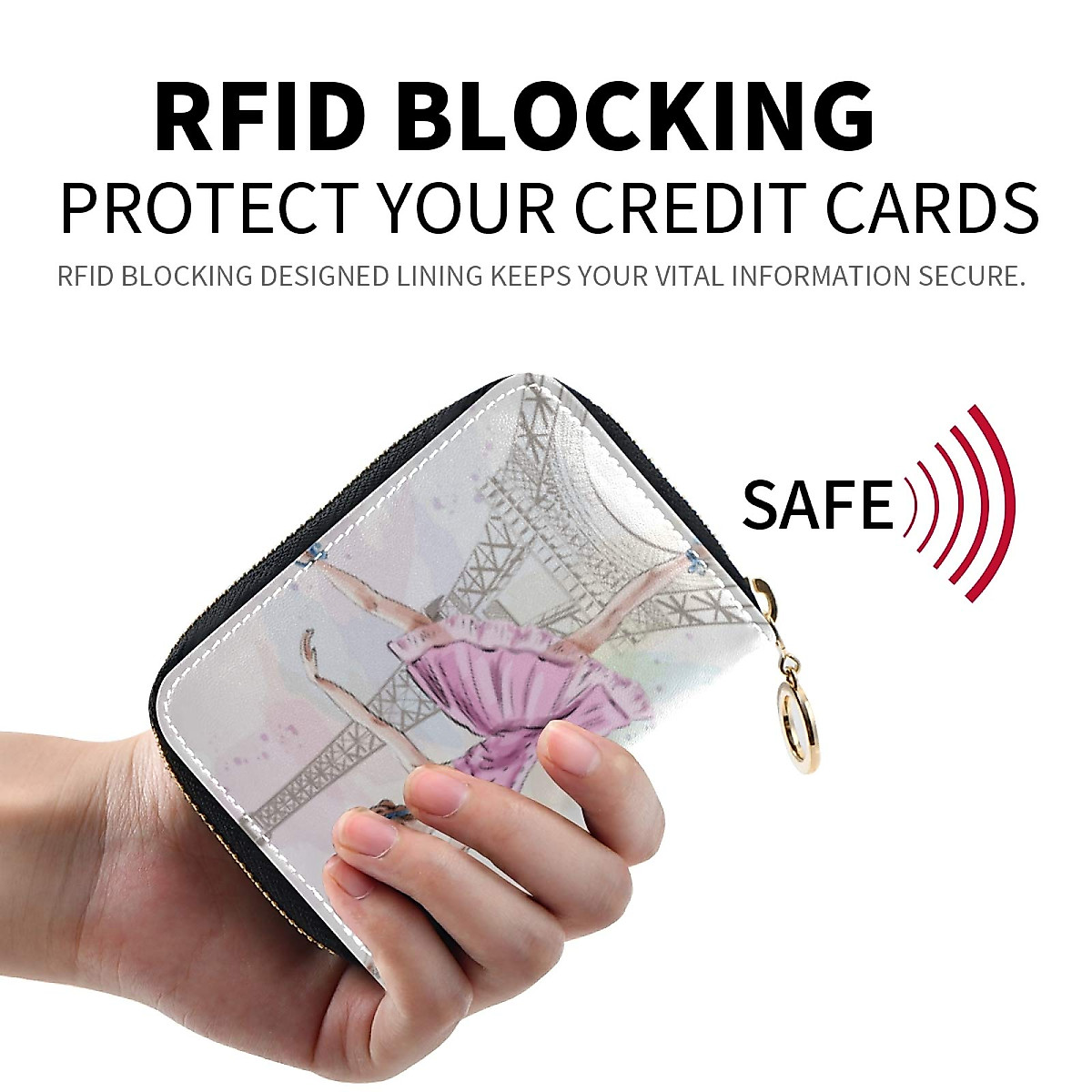 susiyo Paris Eiffel Tower Ballerina Dancing Girl Credit Card Wallet, RFID Blocking Compact Women Leather Card Holder Zipper Purse