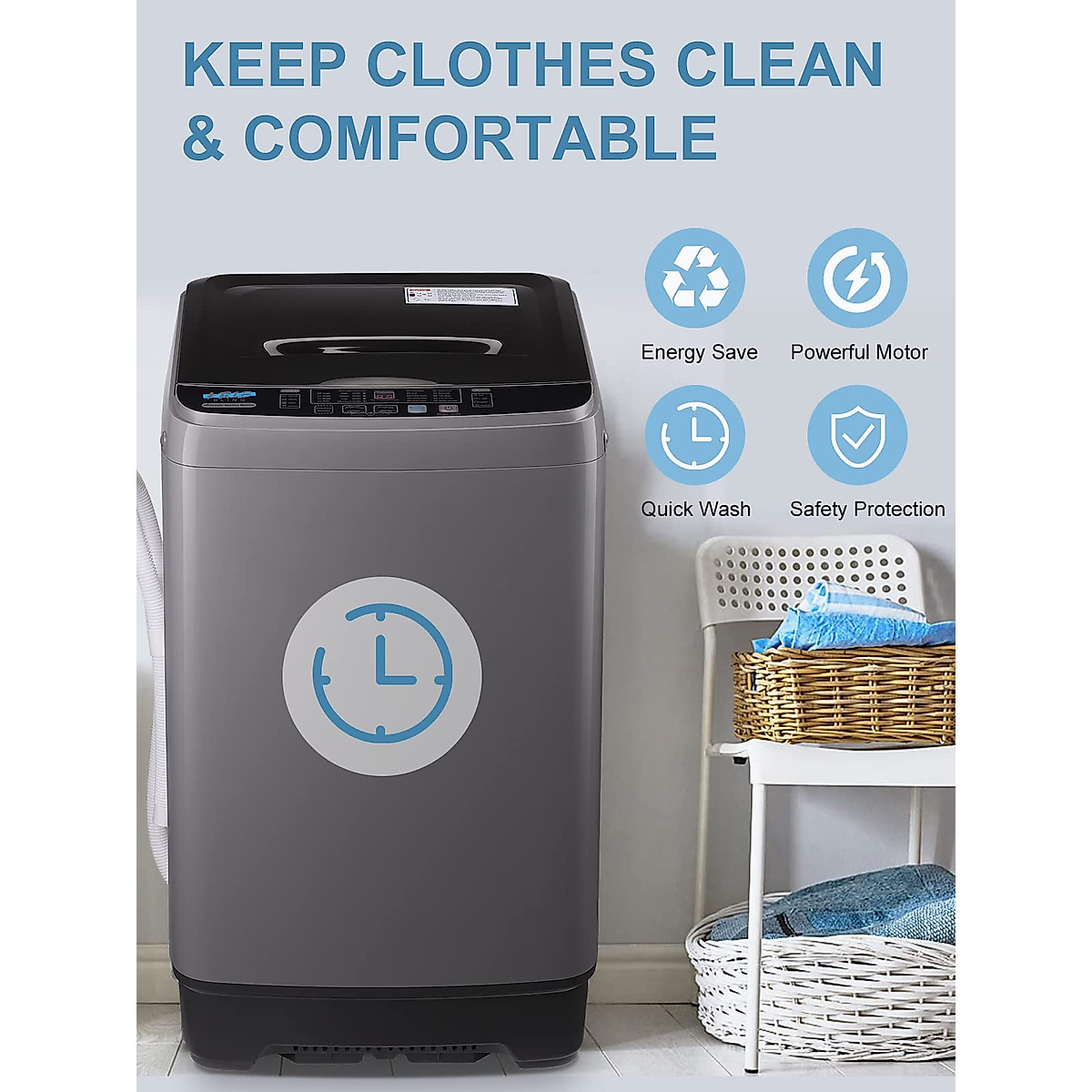 KRIB BLING Full-Automatic Washing Machine 17.7 lbs Small Compact Portable 10 Wash Program & 8 Water Level Compact Washer with LED Display Ideal for Apartments, RV, Camping, Grey