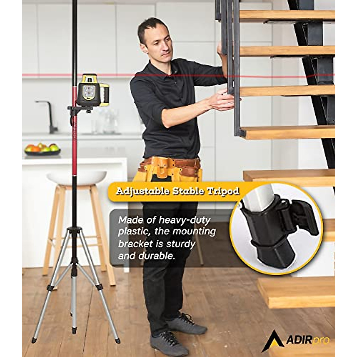 AdirPro Laser Level Pole with Tripod and Mount for Laser Levels, Rotary Lasers & Line Lasers – Telescoping Laser Pole, Mounting Bracket with 1/4”-20 & 5/8-11 Threads, and Adjustable Tripod Stand