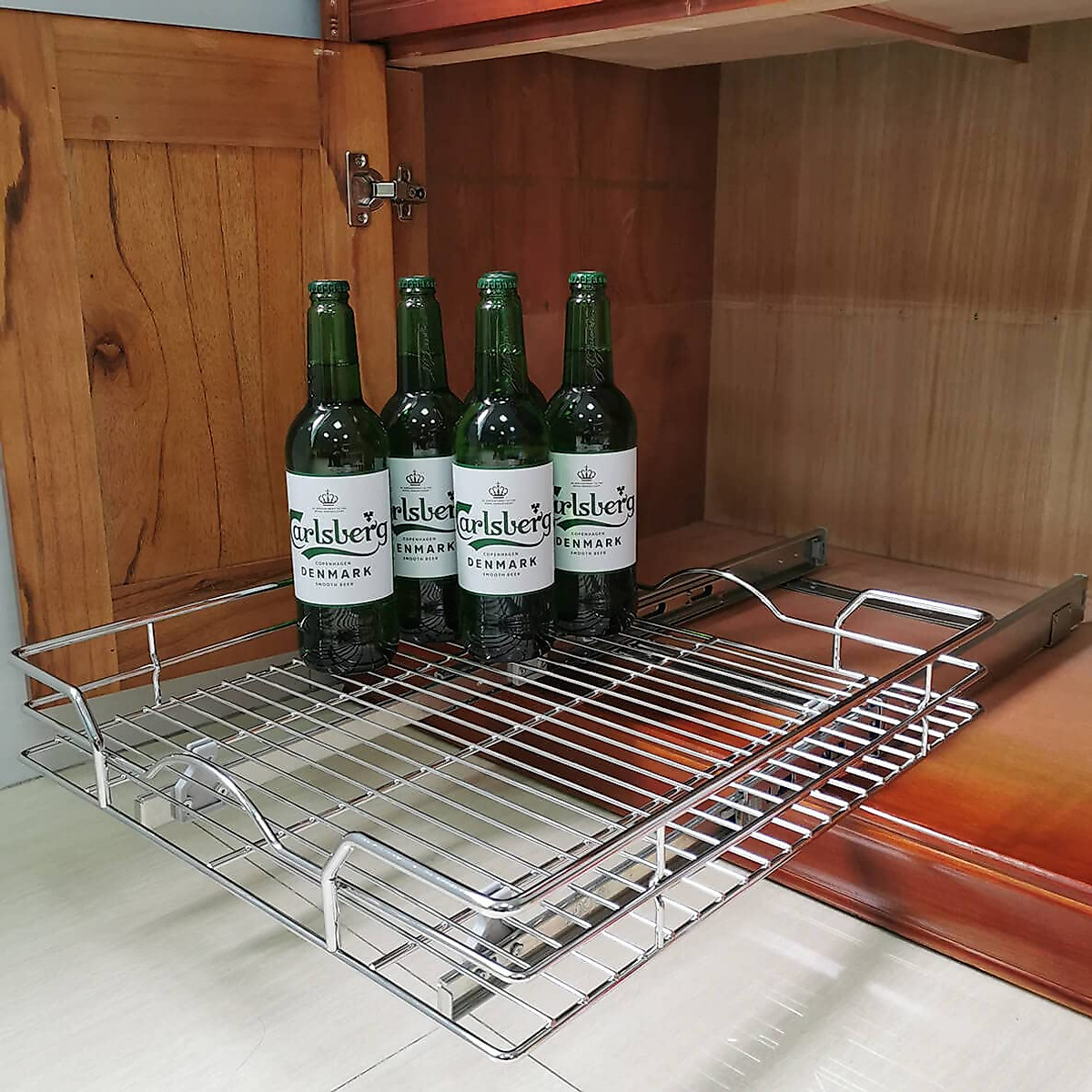 Pull Out Cabinet Organizer（14"W x 18"D x 5"H ), Heavy Duty Pull Out Shelves for Kitchen Cabinets, Chrome Finish