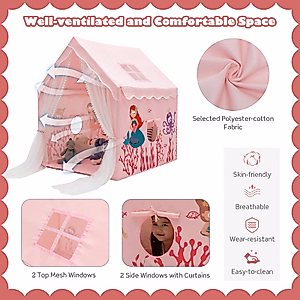 Costzon Kids Tent with Padded Cotton Mat, Large Playhouse for Girls w/Longer Mesh Curtain, Solid Frame, Roll-Up Windows, Indoors and Outdoors Princess Tent Castle Playhouse for Toddlers (Pink)