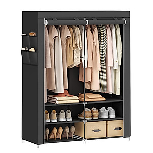SONGMICS Portable Closet Wardrobe with Shoe Rack and Cover, Closet Storage Organizer, 2 Hanging Rods, Shelves, and 4 Side Pockets, 50 x 17.7 x 69.3 Inches, Spacious for Bedroom, Black URYG008B02