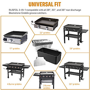 RUSFOL 3-in-1 Grease Catcher Pan with Stainless Steel Mesh Screen Grease Gate and 10 Pcs Aluminum Drip Pans Liner for 28"/36 Blackstone Griddles, Free from Drill&Easy Install BBQ Accessories