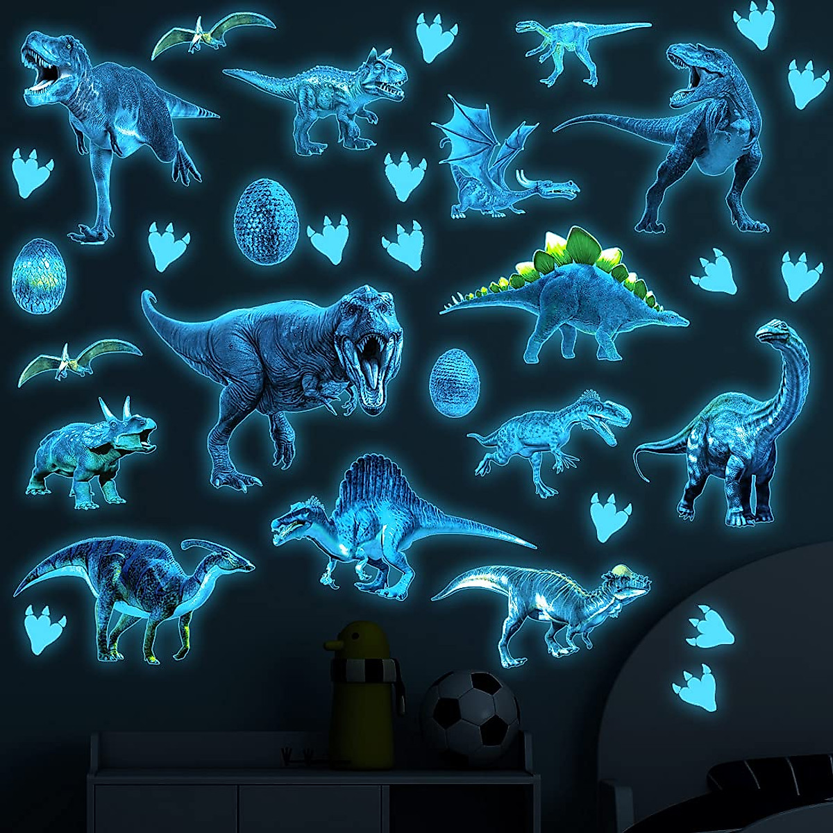 Dinosaurs Wall Decals Glow in The Dark Dinosaur Wall Stickers Removable Tyrannosaurus Wall Decor Dinosaur Eggs and Paw Print Wall Mural for Kids Nursery Living Room Bedroom Classroom Home Decoration