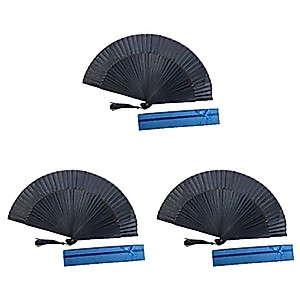 RAZZUM 3pcs Style Silk Handheld Dance Decoration Retro Women Vintage Large Black for Performance Part, Fan Fabric Tassels Chinese Bamboo Paper Held Summer Wedding Fan+ A with Blue Fan